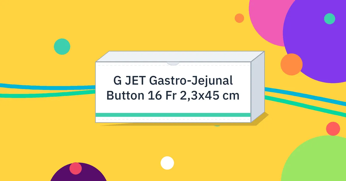 Symbolbild: Packung mit der Aufschrift G JET Gastro-Jejunal Button 16 Fr 2,3x45 cm (PZN 14343152) – Verfügbarkeit und Bezug in Apotheken in Frankfurt am Main