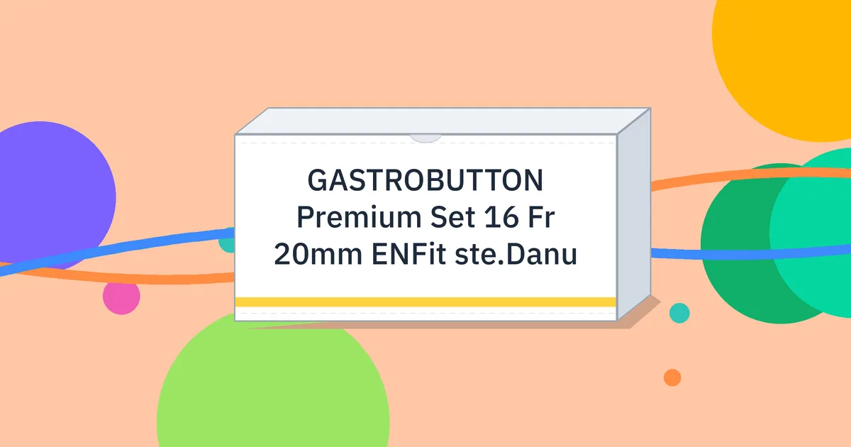 Symbolbild: Packung mit der Aufschrift GASTROBUTTON Premium Set 16 Fr 20mm ENFit ste.Danu (PZN 16883616) – Verfügbarkeit und Bezug in Apotheken in Frankfurt am Main