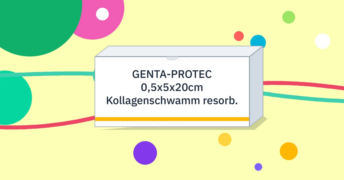 Symbolbild: Packung mit der Aufschrift GENTA-PROTEC 0,5x5x20cm Kollagenschwamm resorb. (PZN 18293273) – Verfügbarkeit und Bezug in Apotheken in Frankfurt am Main