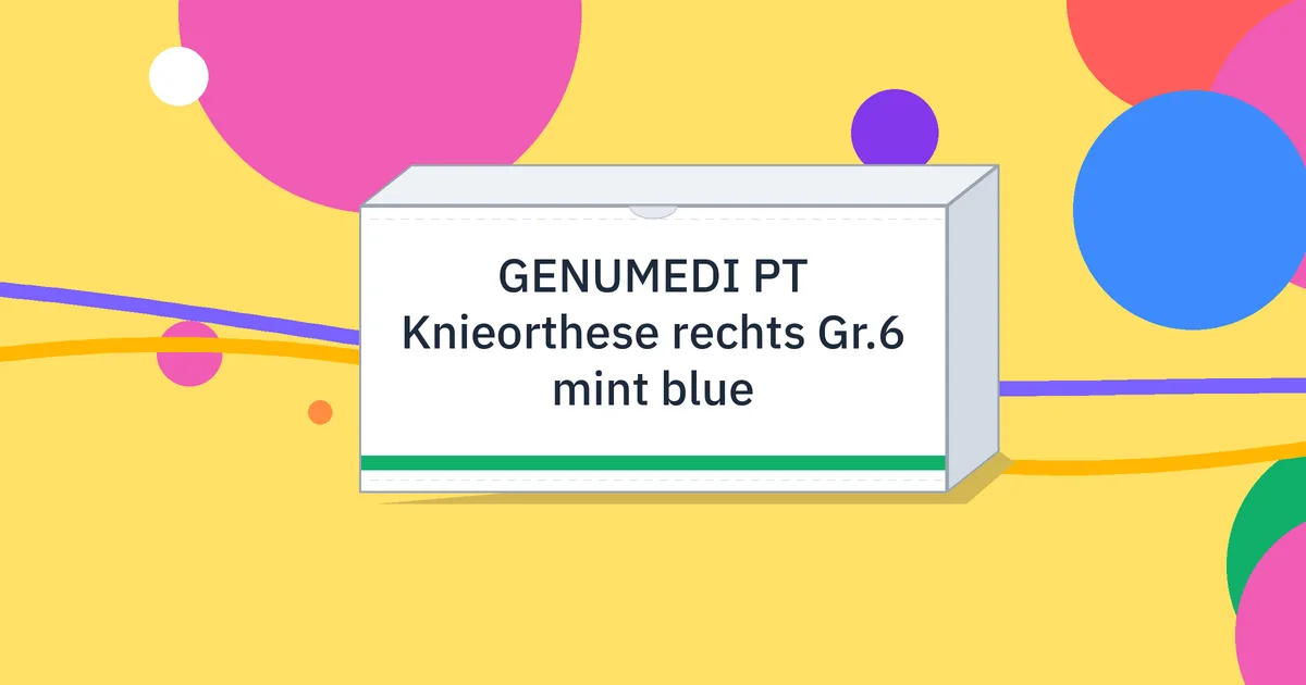 Symbolbild: Packung mit der Aufschrift GENUMEDI PT Knieorthese rechts Gr.6 mint blue (PZN 17982622) – Verfügbarkeit und Bezug in Apotheken in Frankfurt am Main
