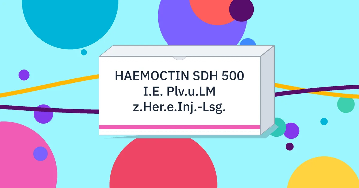 Symbolbild: Packung mit der Aufschrift HAEMOCTIN SDH 500 I.E. Plv.u.LM z.Her.e.Inj.-Lsg. (PZN 06875018) – Verfügbarkeit und Bezug in Apotheken in Frankfurt am Main