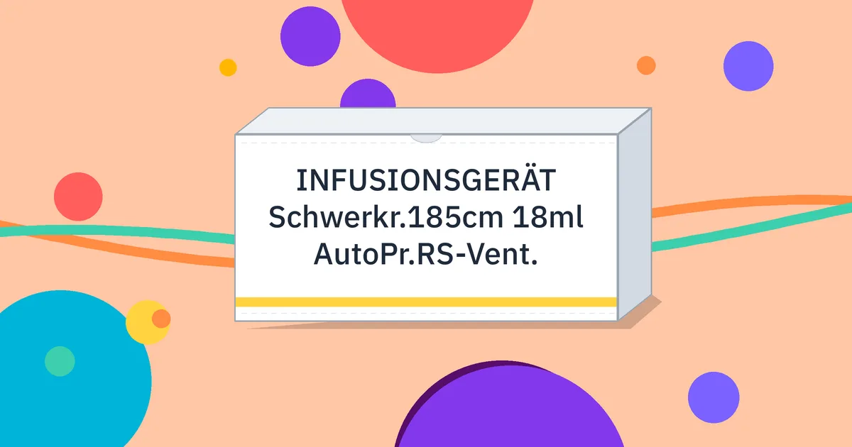 Symbolbild: Packung mit der Aufschrift INFUSIONSGERÄT Schwerkr.185cm 18ml AutoPr.RS-Vent. (PZN 18469281) – Verfügbarkeit und Bezug in Apotheken in Frankfurt am Main