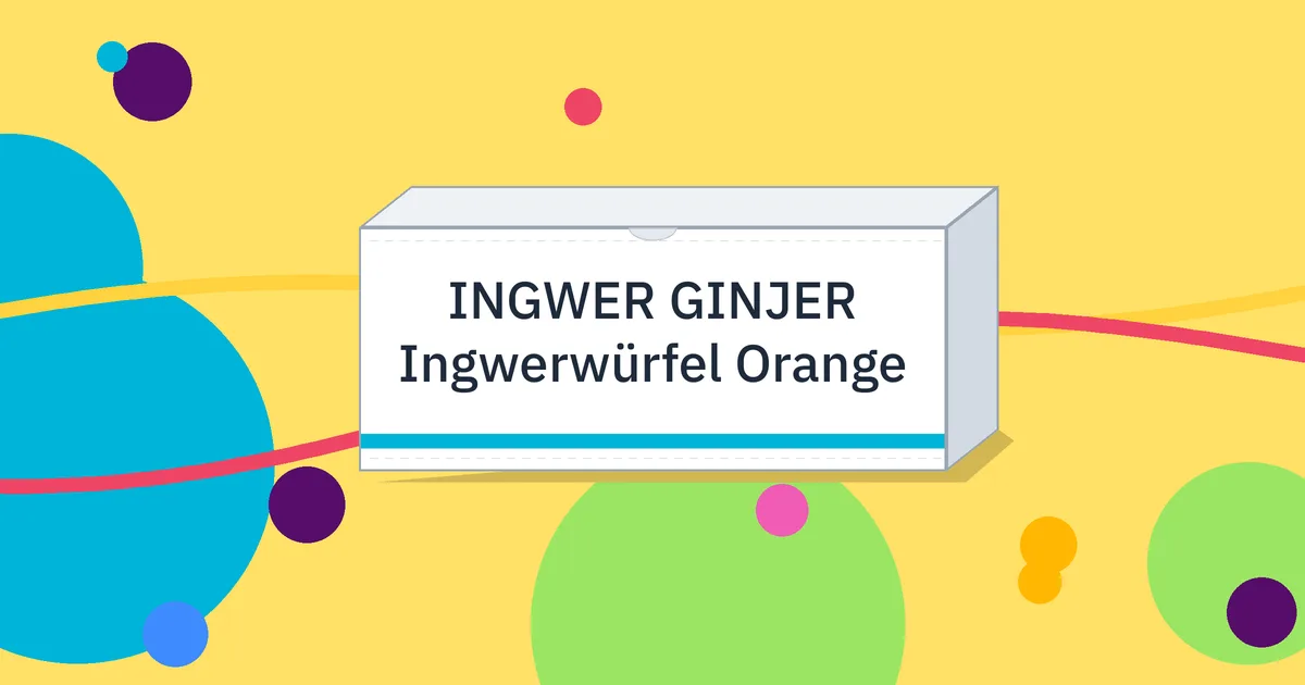 Symbolbild: Packung mit der Aufschrift INGWER GINJER Ingwerwürfel Orange (PZN 14004042) – Verfügbarkeit und Bezug in Apotheken in Frankfurt am Main