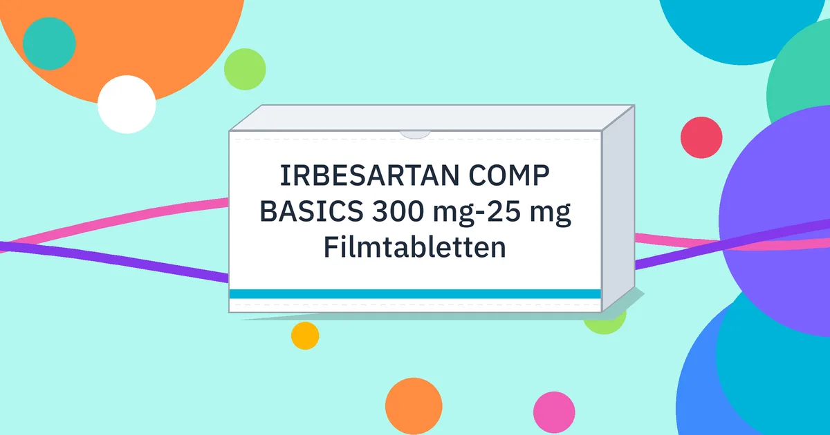 Symbolbild: Packung mit der Aufschrift IRBESARTAN COMP BASICS 300 mg-25 mg Filmtabletten (PZN 02460705) – Verfügbarkeit und Bezug in Apotheken in Frankfurt am Main