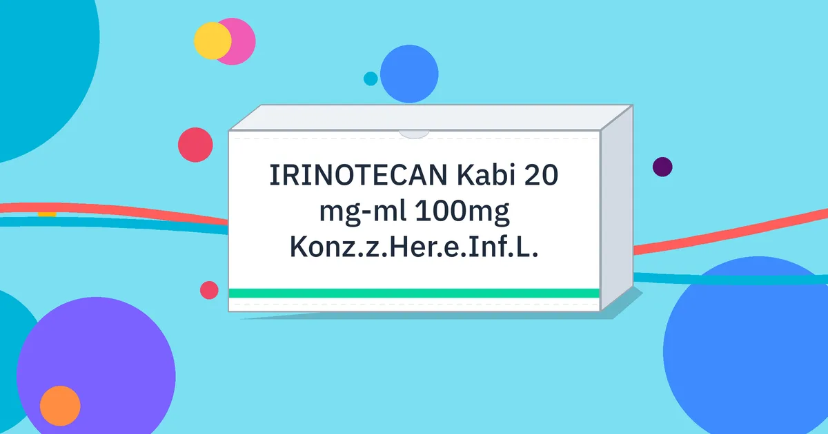 Symbolbild: Packung mit der Aufschrift IRINOTECAN Kabi 20 mg-ml 100mg Konz.z.Her.e.Inf.L. (PZN 14036987) – Verfügbarkeit und Bezug in Apotheken in Frankfurt am Main