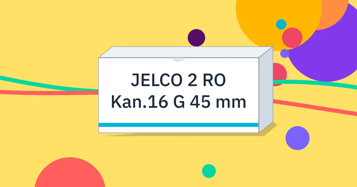 Symbolbild: Packung mit der Aufschrift JELCO 2 RO Kan.16 G 45 mm (PZN 09216612) – Verfügbarkeit und Bezug in Apotheken in Frankfurt am Main