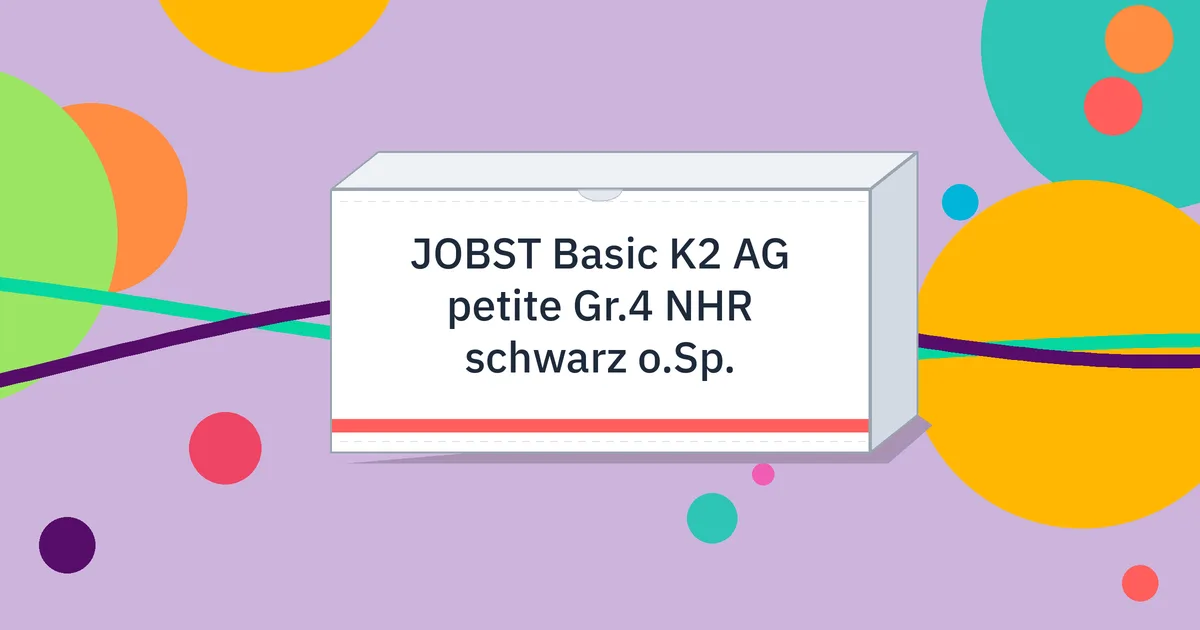 Symbolbild: Packung mit der Aufschrift JOBST Basic K2 AG petite Gr.4 NHR schwarz o.Sp. (PZN 15311295) – Verfügbarkeit und Bezug in Apotheken in Frankfurt am Main