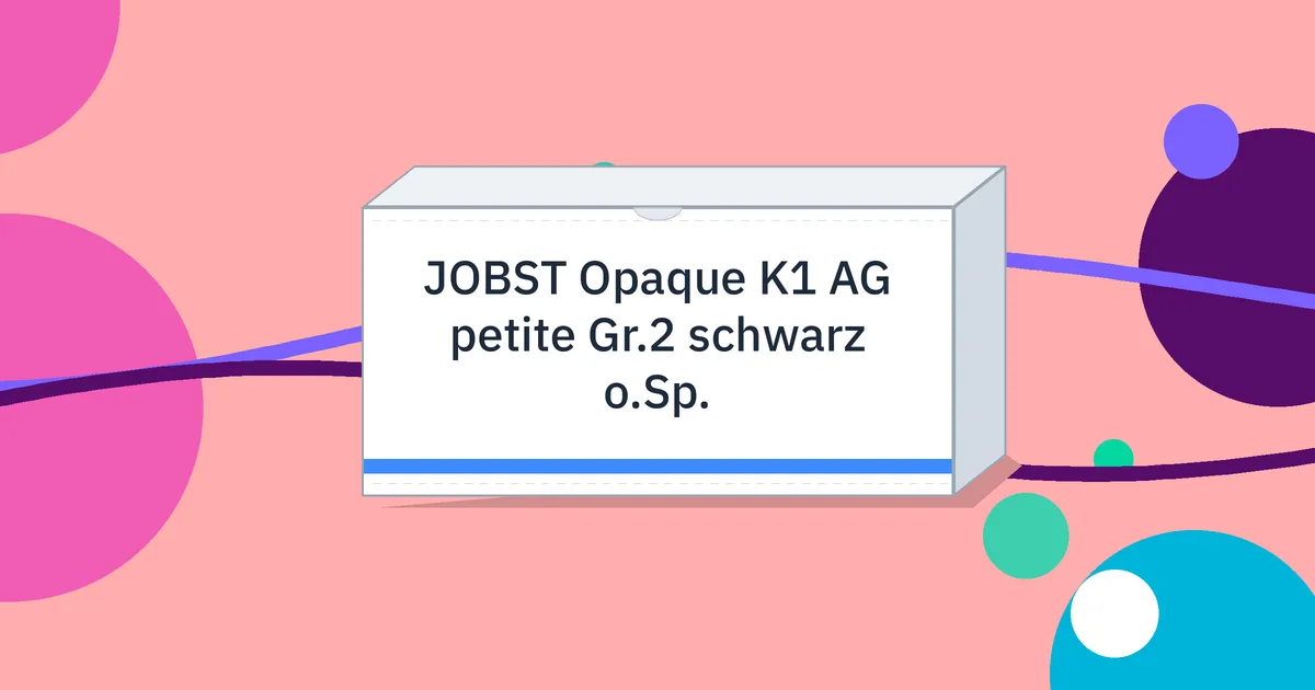 Symbolbild: Packung mit der Aufschrift JOBST Opaque K1 AG petite Gr.2 schwarz o.Sp. (PZN 13090252) – Verfügbarkeit und Bezug in Apotheken in Frankfurt am Main