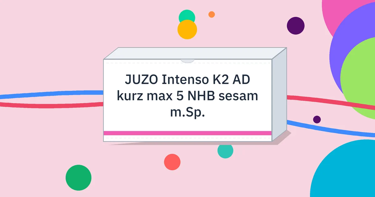 Symbolbild: Packung mit der Aufschrift JUZO Intenso K2 AD kurz max 5 NHB sesam m.Sp. (PZN 18612181) – Verfügbarkeit und Bezug in Apotheken in Frankfurt am Main