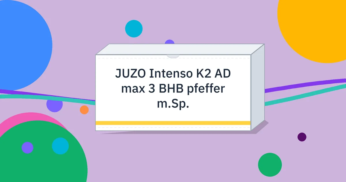 Symbolbild: Packung mit der Aufschrift JUZO Intenso K2 AD max 3 BHB pfeffer m.Sp. (PZN 18616121) – Verfügbarkeit und Bezug in Apotheken in Frankfurt am Main