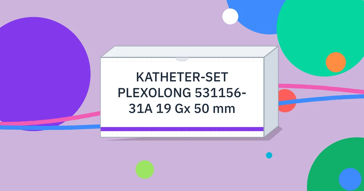 Symbolbild: Packung mit der Aufschrift KATHETER-SET PLEXOLONG 531156-31A 19 Gx 50 mm (PZN 14364208) – Verfügbarkeit und Bezug in Apotheken in Frankfurt am Main
