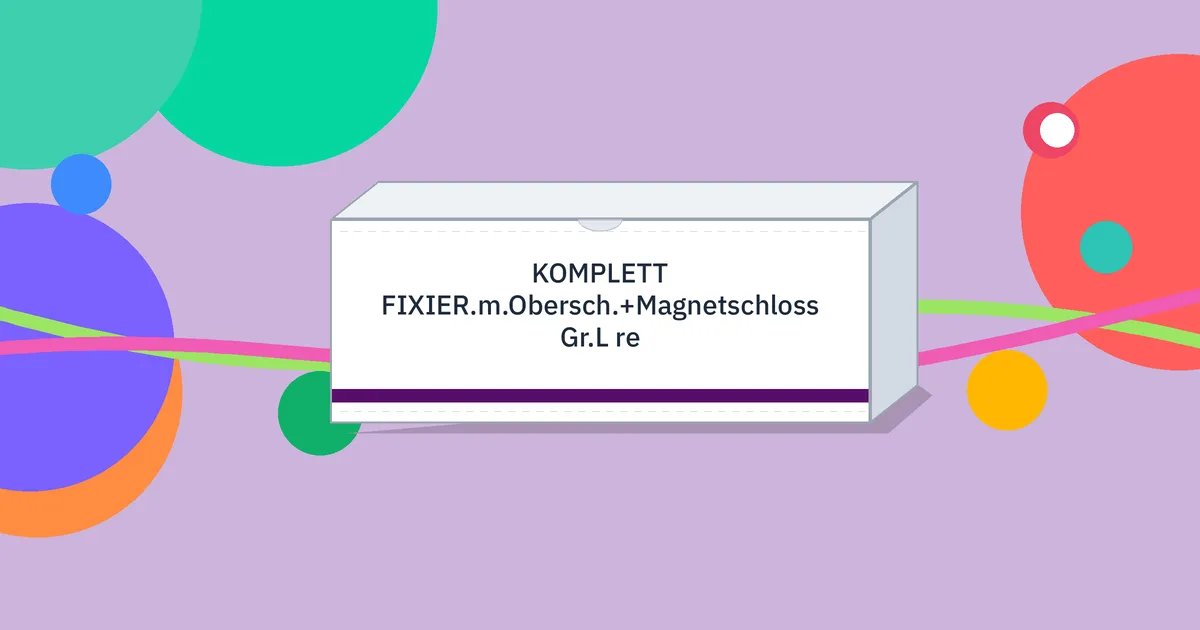 Symbolbild: Packung mit der Aufschrift KOMPLETT FIXIER.m.Obersch.+Magnetschloss Gr.L re (PZN 11573816) – Verfügbarkeit und Bezug in Apotheken in Frankfurt am Main