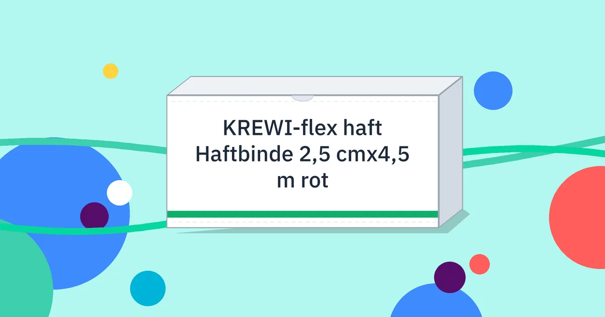 Symbolbild: Packung mit der Aufschrift KREWI-flex haft Haftbinde 2,5 cmx4,5 m rot (PZN 17299486) – Verfügbarkeit und Bezug in Apotheken in Frankfurt am Main