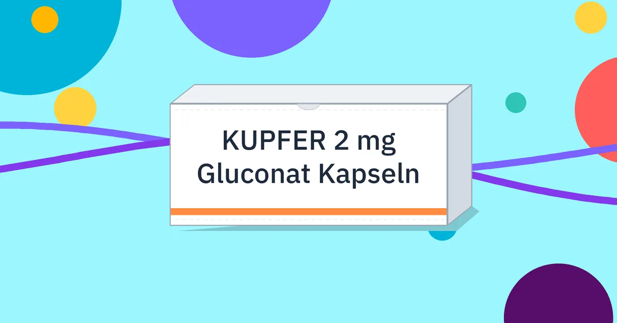 Symbolbild: Packung mit der Aufschrift KUPFER 2 mg Gluconat Kapseln (PZN 11169156) – Verfügbarkeit und Bezug in Apotheken in Frankfurt am Main