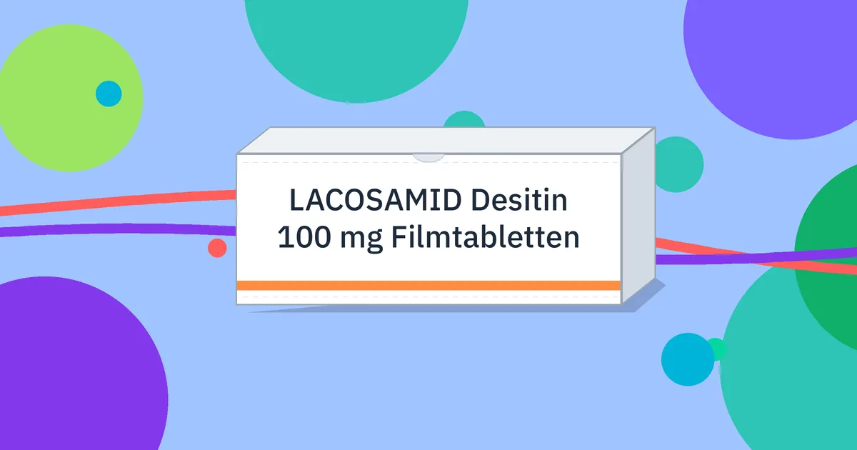 Symbolbild: Packung mit der Aufschrift LACOSAMID Desitin 100 mg Filmtabletten (PZN 17897230) – Verfügbarkeit und Bezug in Apotheken in Frankfurt am Main