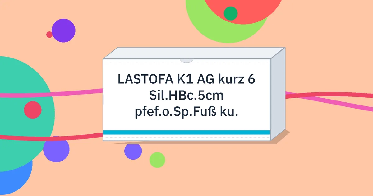Symbolbild: Packung mit der Aufschrift LASTOFA K1 AG kurz 6 Sil.HBc.5cm pfef.o.Sp.Fuß ku. (PZN 13794935) – Verfügbarkeit und Bezug in Apotheken in Frankfurt am Main