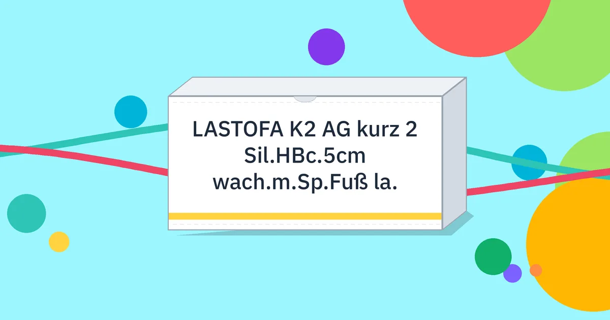 Symbolbild: Packung mit der Aufschrift LASTOFA K2 AG kurz 2 Sil.HBc.5cm wach.m.Sp.Fuß la. (PZN 13803284) – Verfügbarkeit und Bezug in Apotheken in Frankfurt am Main