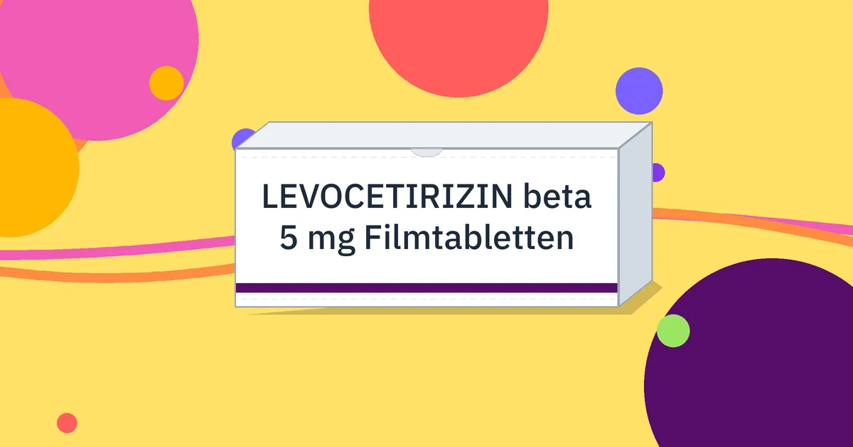 Symbolbild: Packung mit der Aufschrift LEVOCETIRIZIN beta 5 mg Filmtabletten (PZN 16006252) – Verfügbarkeit und Bezug in Apotheken in Frankfurt am Main
