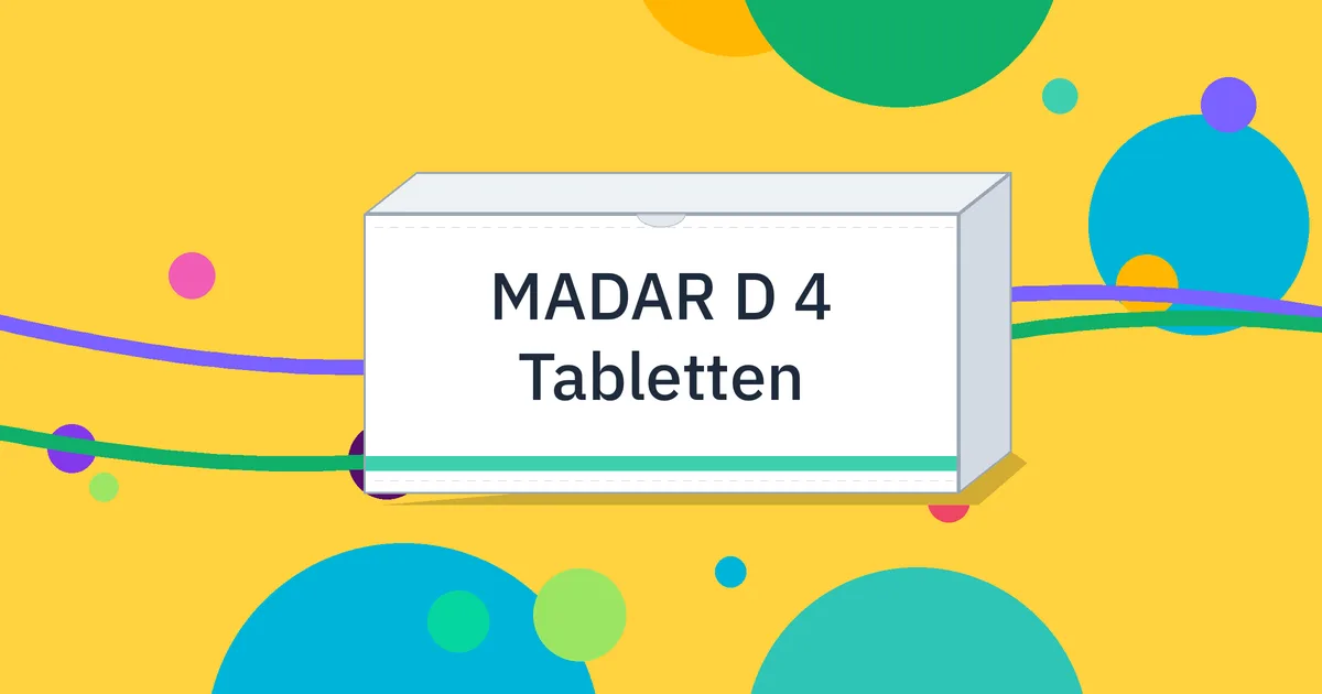 Symbolbild: Packung mit der Aufschrift MADAR D 4 Tabletten (PZN 07596289) – Verfügbarkeit und Bezug in Apotheken in Frankfurt am Main