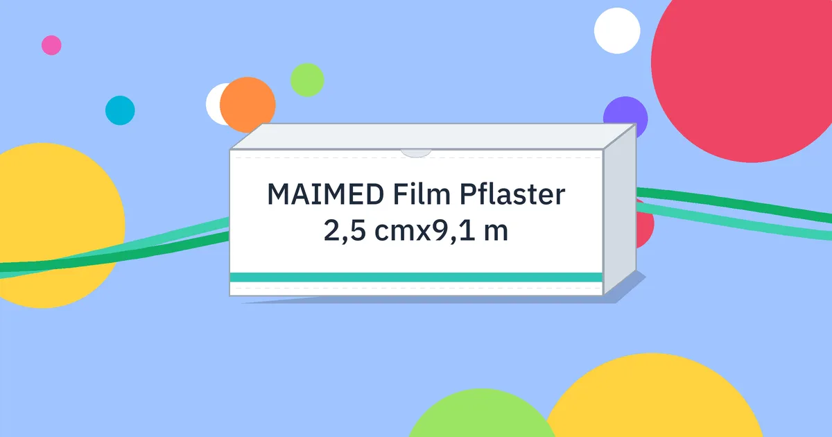 Symbolbild: Packung mit der Aufschrift MAIMED Film Pflaster 2,5 cmx9,1 m (PZN 02207857) – Verfügbarkeit und Bezug in Apotheken in Frankfurt am Main