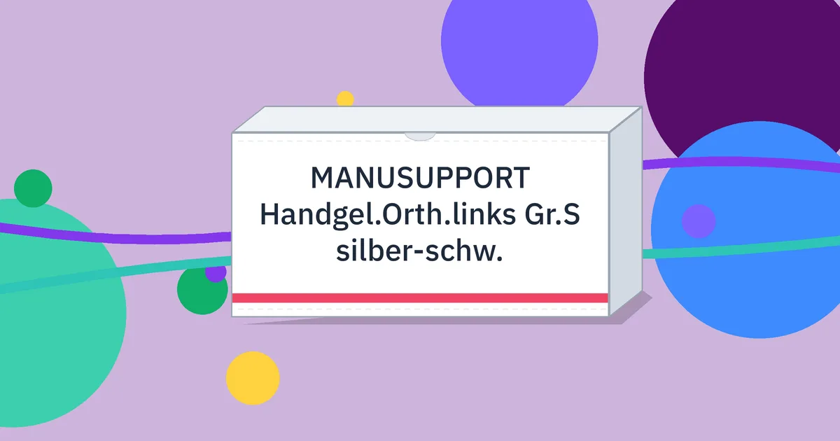Symbolbild: Packung mit der Aufschrift MANUSUPPORT Handgel.Orth.links Gr.S silber-schw. (PZN 11096925) – Verfügbarkeit und Bezug in Apotheken in Frankfurt am Main