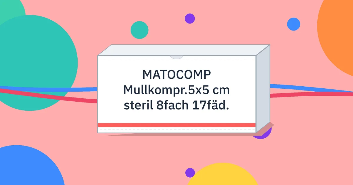 Symbolbild: Packung mit der Aufschrift MATOCOMP Mullkompr.5x5 cm steril 8fach 17fäd. (PZN 16327329) – Verfügbarkeit und Bezug in Apotheken in Frankfurt am Main
