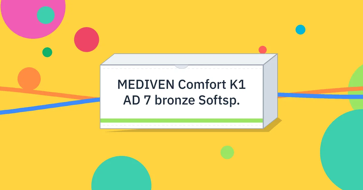 Symbolbild: Packung mit der Aufschrift MEDIVEN Comfort K1 AD 7 bronze Softsp. (PZN 14559308) – Verfügbarkeit und Bezug in Apotheken in Frankfurt am Main
