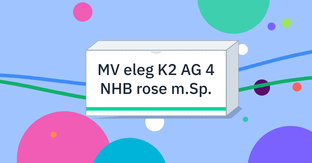 Symbolbild: Packung mit der Aufschrift MV eleg K2 AG 4 NHB rose m.Sp. (PZN 15730218) – Verfügbarkeit und Bezug in Apotheken in Frankfurt am Main