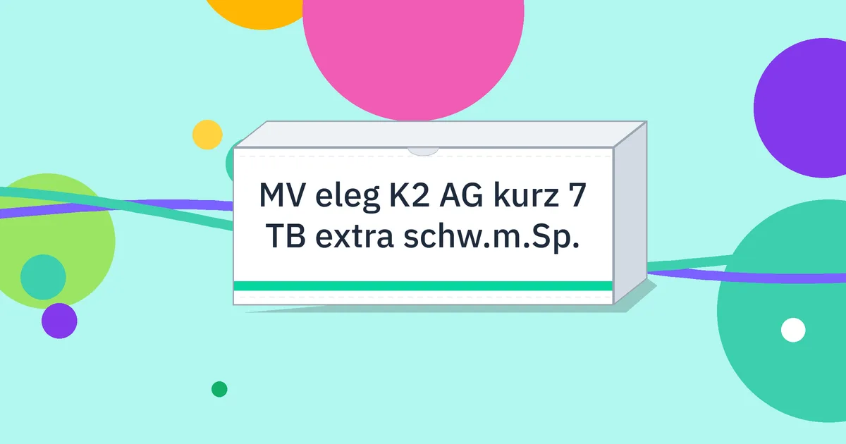 Symbolbild: Packung mit der Aufschrift MV eleg K2 AG kurz 7 TB extra schw.m.Sp. (PZN 09879494) – Verfügbarkeit und Bezug in Apotheken in Frankfurt am Main