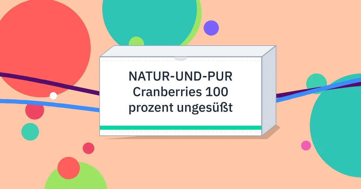 Symbolbild: Packung mit der Aufschrift NATUR-UND-PUR Cranberries 100 prozent ungesüßt (PZN 19444337) – Verfügbarkeit und Bezug in Apotheken in Frankfurt am Main