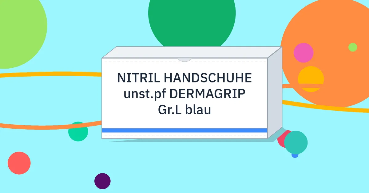 Symbolbild: Packung mit der Aufschrift NITRIL HANDSCHUHE unst.pf DERMAGRIP Gr.L blau (PZN 18027353) – Verfügbarkeit und Bezug in Apotheken in Frankfurt am Main