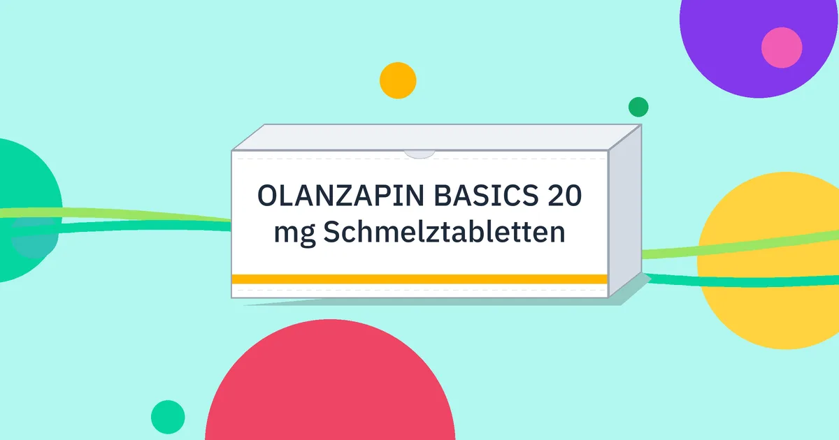 Symbolbild: Packung mit der Aufschrift OLANZAPIN BASICS 20 mg Schmelztabletten (PZN 08468062) – Verfügbarkeit und Bezug in Apotheken in Frankfurt am Main