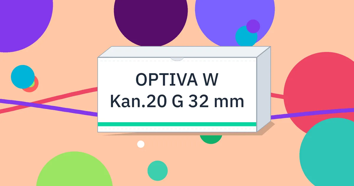 Symbolbild: Packung mit der Aufschrift OPTIVA W Kan.20 G 32 mm (PZN 00912333) – Verfügbarkeit und Bezug in Apotheken in Frankfurt am Main