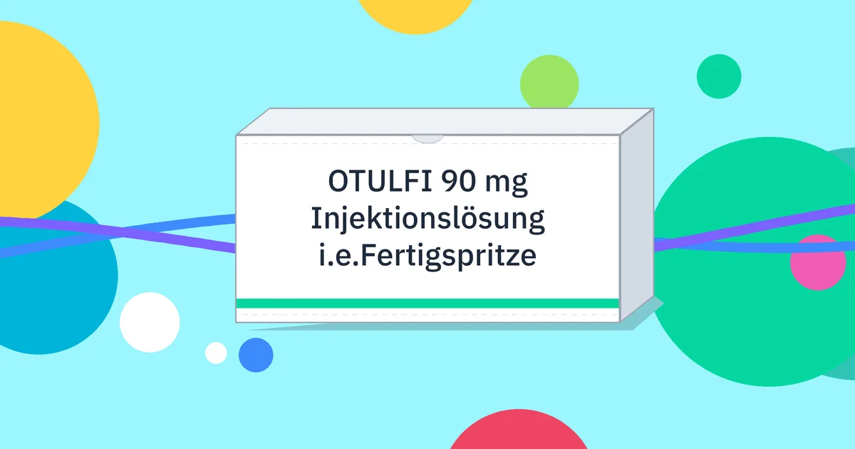 Symbolbild: Packung mit der Aufschrift OTULFI 90 mg Injektionslösung i.e.Fertigspritze (PZN 19844870) – Verfügbarkeit und Bezug in Apotheken in Frankfurt am Main