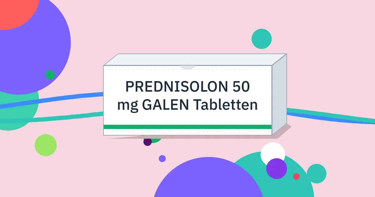 Symbolbild: Packung mit der Aufschrift PREDNISOLON 50 mg GALEN Tabletten (PZN 01484632) – Verfügbarkeit und Bezug in Apotheken in Frankfurt am Main