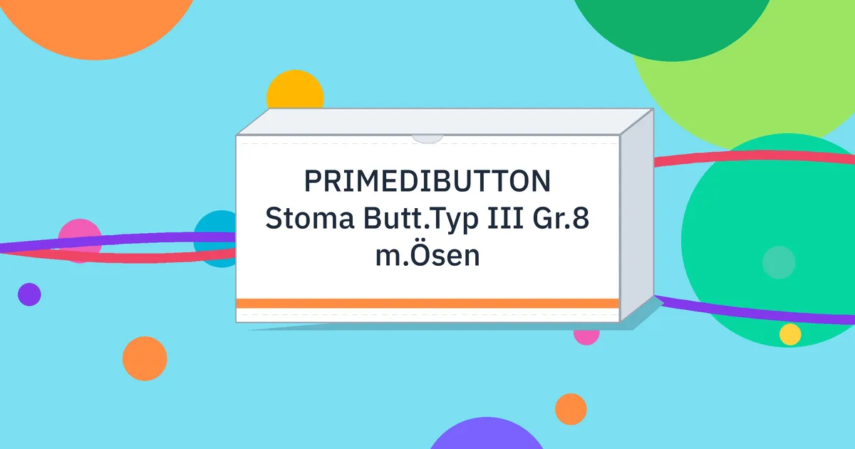 Symbolbild: Packung mit der Aufschrift PRIMEDIBUTTON Stoma Butt.Typ III Gr.8 m.Ösen (PZN 10791474) – Verfügbarkeit und Bezug in Apotheken in Frankfurt am Main