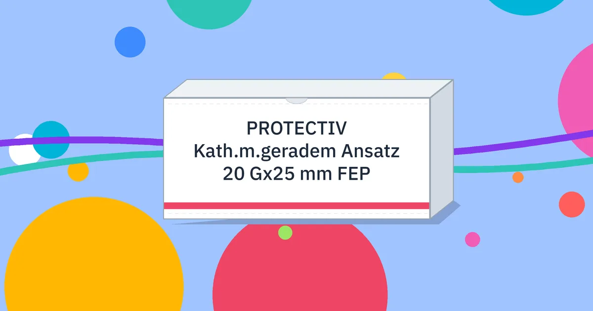 Symbolbild: Packung mit der Aufschrift PROTECTIV Kath.m.geradem Ansatz 20 Gx25 mm FEP (PZN 08419000) – Verfügbarkeit und Bezug in Apotheken in Frankfurt am Main