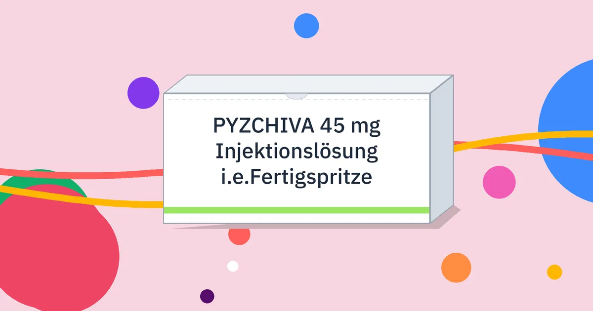 Symbolbild: Packung mit der Aufschrift PYZCHIVA 45 mg Injektionslösung i.e.Fertigspritze (PZN 19846337) – Verfügbarkeit und Bezug in Apotheken in Frankfurt am Main