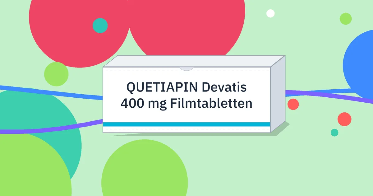Symbolbild: Packung mit der Aufschrift QUETIAPIN Devatis 400 mg Filmtabletten (PZN 17235894) – Verfügbarkeit und Bezug in Apotheken in Frankfurt am Main