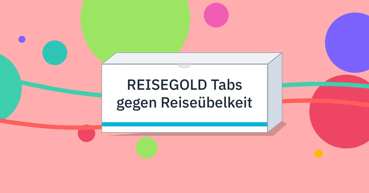 Symbolbild: Packung mit der Aufschrift REISEGOLD Tabs gegen Reiseübelkeit (PZN 07555072) – Verfügbarkeit und Bezug in Apotheken in Frankfurt am Main