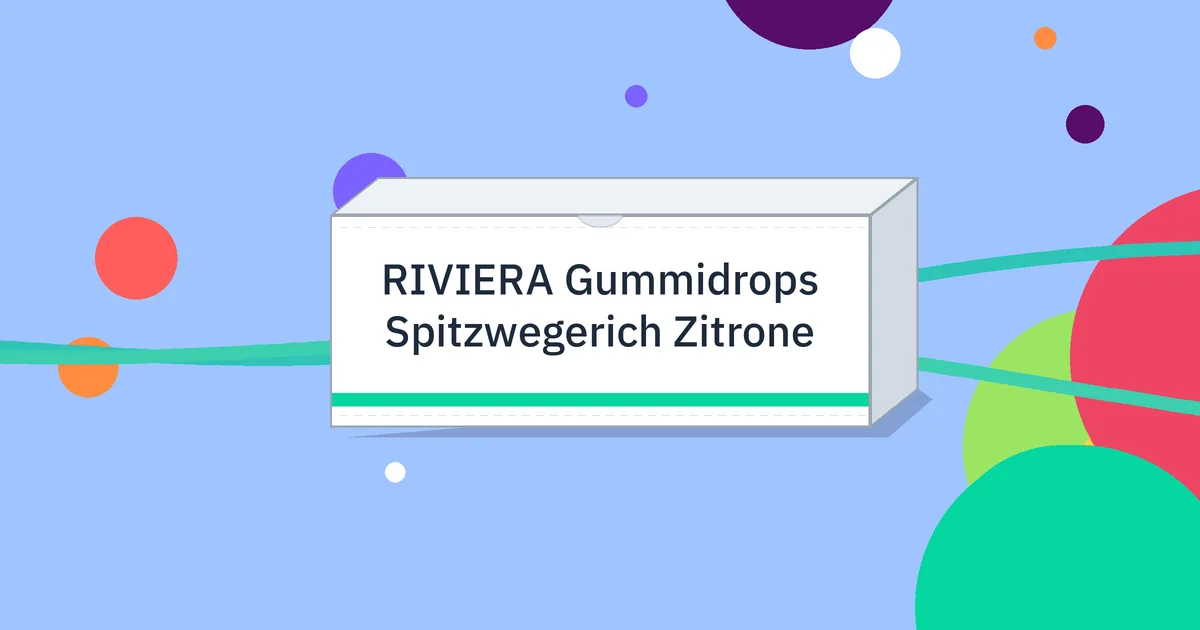Symbolbild: Packung mit der Aufschrift RIVIERA Gummidrops Spitzwegerich Zitrone (PZN 20893359) – Verfügbarkeit und Bezug in Apotheken in Frankfurt am Main