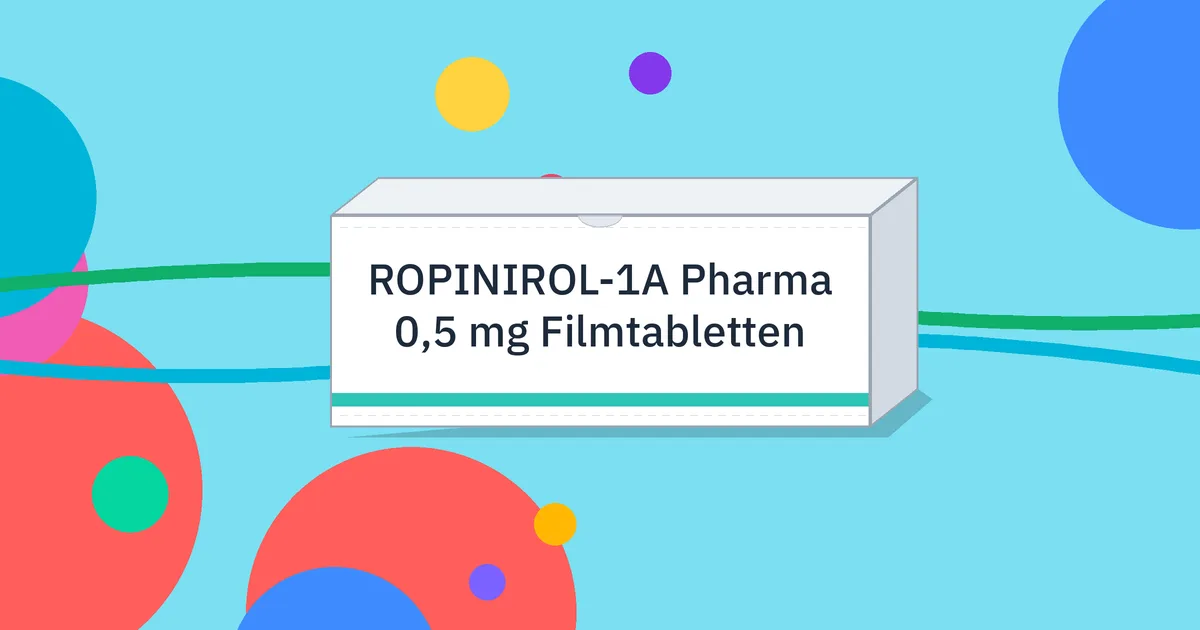 Symbolbild: Packung mit der Aufschrift ROPINIROL-1A Pharma 0,5 mg Filmtabletten (PZN 08860937) – Verfügbarkeit und Bezug in Apotheken in Frankfurt am Main