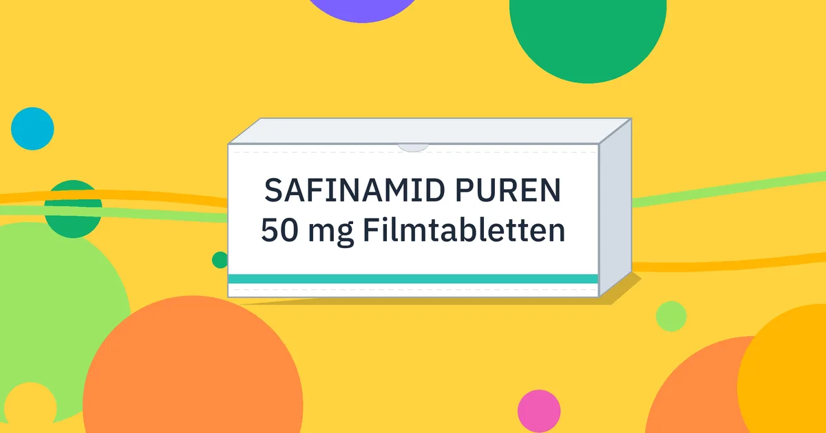 Symbolbild: Packung mit der Aufschrift SAFINAMID PUREN 50 mg Filmtabletten (PZN 19645403) – Verfügbarkeit und Bezug in Apotheken in Frankfurt am Main
