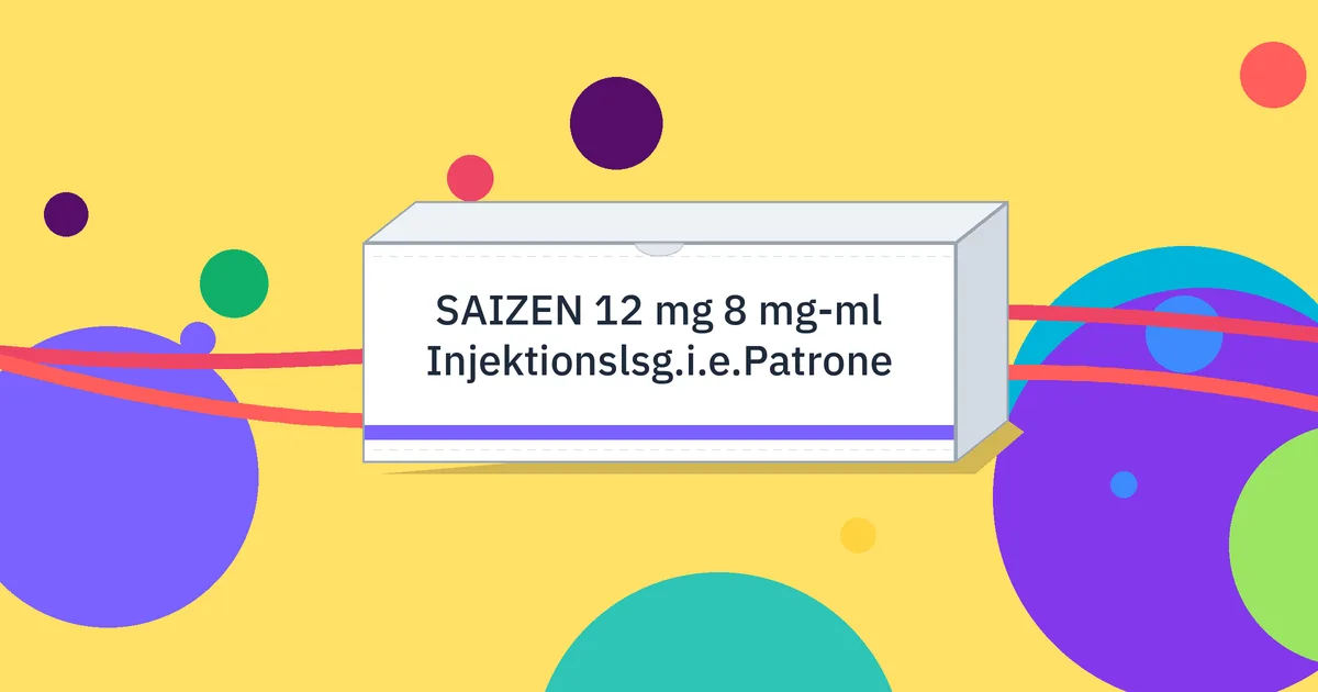 Symbolbild: Packung mit der Aufschrift SAIZEN 12 mg 8 mg-ml Injektionslsg.i.e.Patrone (PZN 14409744) – Verfügbarkeit und Bezug in Apotheken in Frankfurt am Main