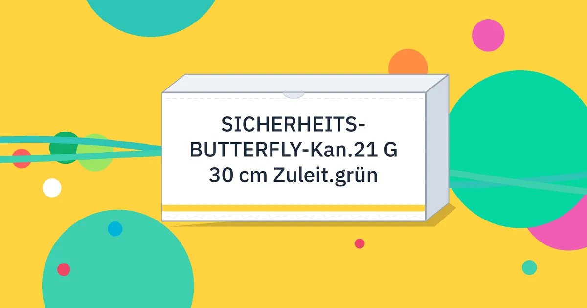 Symbolbild: Packung mit der Aufschrift SICHERHEITS-BUTTERFLY-Kan.21 G 30 cm Zuleit.grün (PZN 15822498) – Verfügbarkeit und Bezug in Apotheken in Frankfurt am Main
