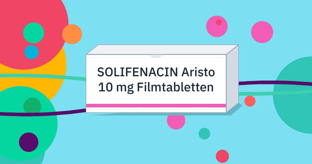 Symbolbild: Packung mit der Aufschrift SOLIFENACIN Aristo 10 mg Filmtabletten (PZN 15265431) – Verfügbarkeit und Bezug in Apotheken in Frankfurt am Main