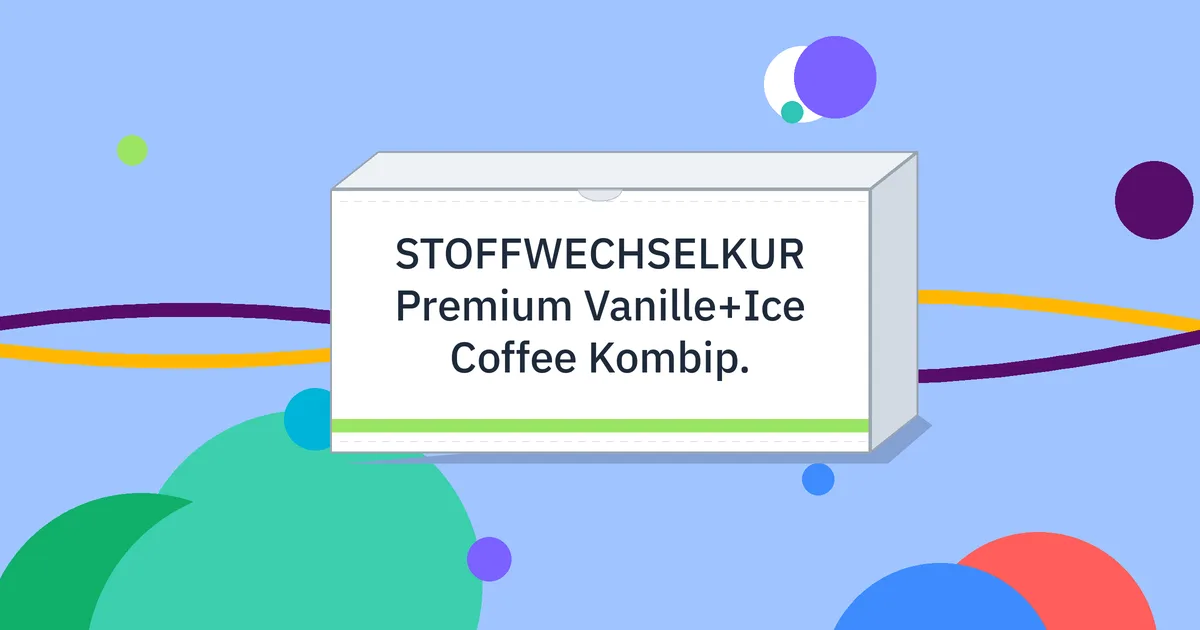Symbolbild: Packung mit der Aufschrift STOFFWECHSELKUR Premium Vanille+Ice Coffee Kombip. (PZN 14044314) – Verfügbarkeit und Bezug in Apotheken in Frankfurt am Main