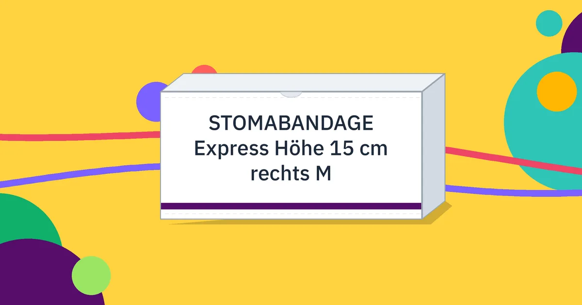 Symbolbild: Packung mit der Aufschrift STOMABANDAGE Express Höhe 15 cm rechts M (PZN 16507847) – Verfügbarkeit und Bezug in Apotheken in Frankfurt am Main