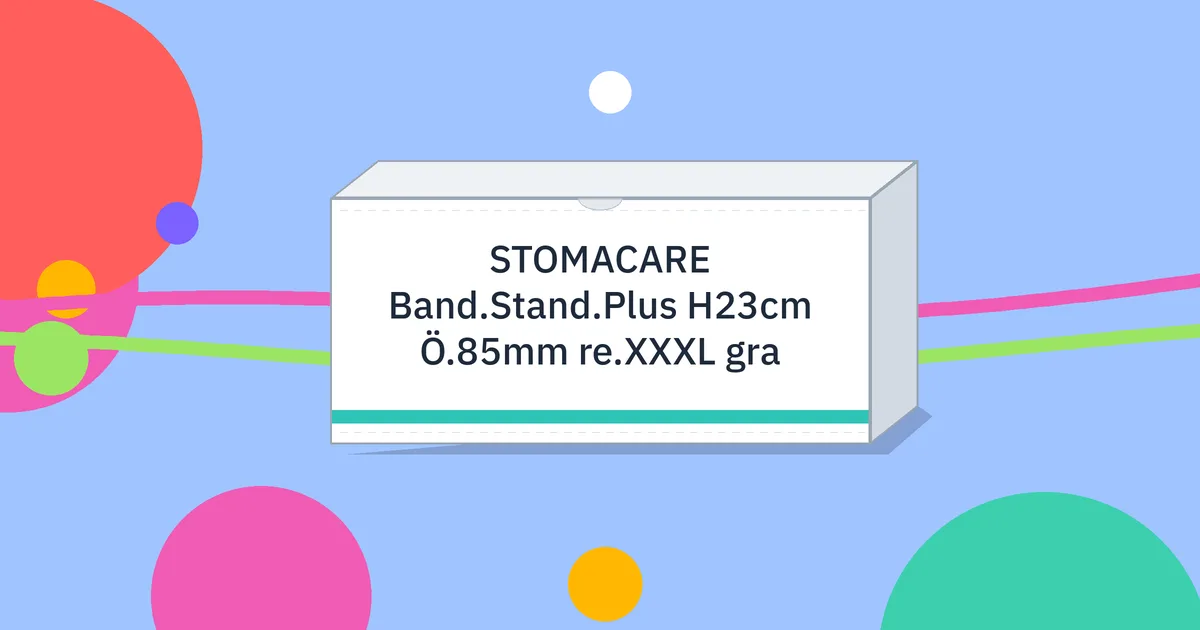 Symbolbild: Packung mit der Aufschrift STOMACARE Band.Stand.Plus H23cm Ö.85mm re.XXXL gra (PZN 16751257) – Verfügbarkeit und Bezug in Apotheken in Frankfurt am Main