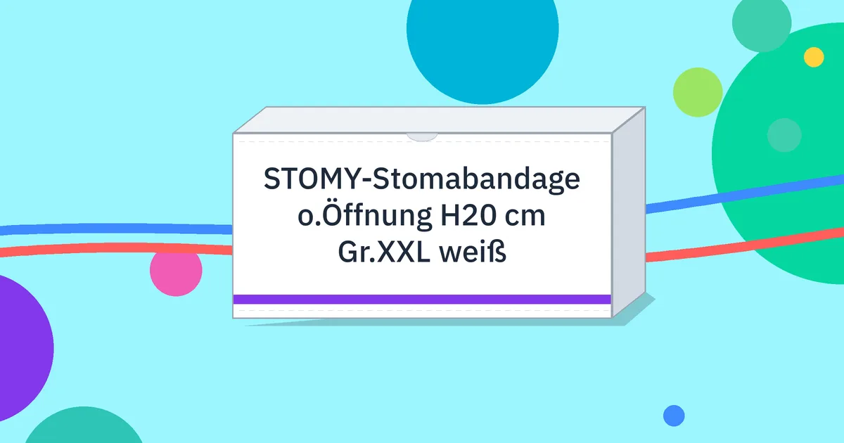 Symbolbild: Packung mit der Aufschrift STOMY-Stomabandage o.Öffnung H20 cm Gr.XXL weiß (PZN 16751429) – Verfügbarkeit und Bezug in Apotheken in Frankfurt am Main